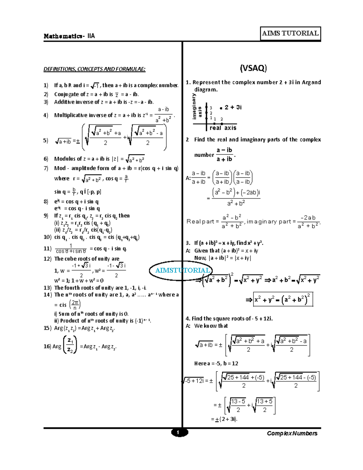 2A Notes Complex Numbers 1 - 1 Mathematics- IIA AIMSTUTORIAL ...