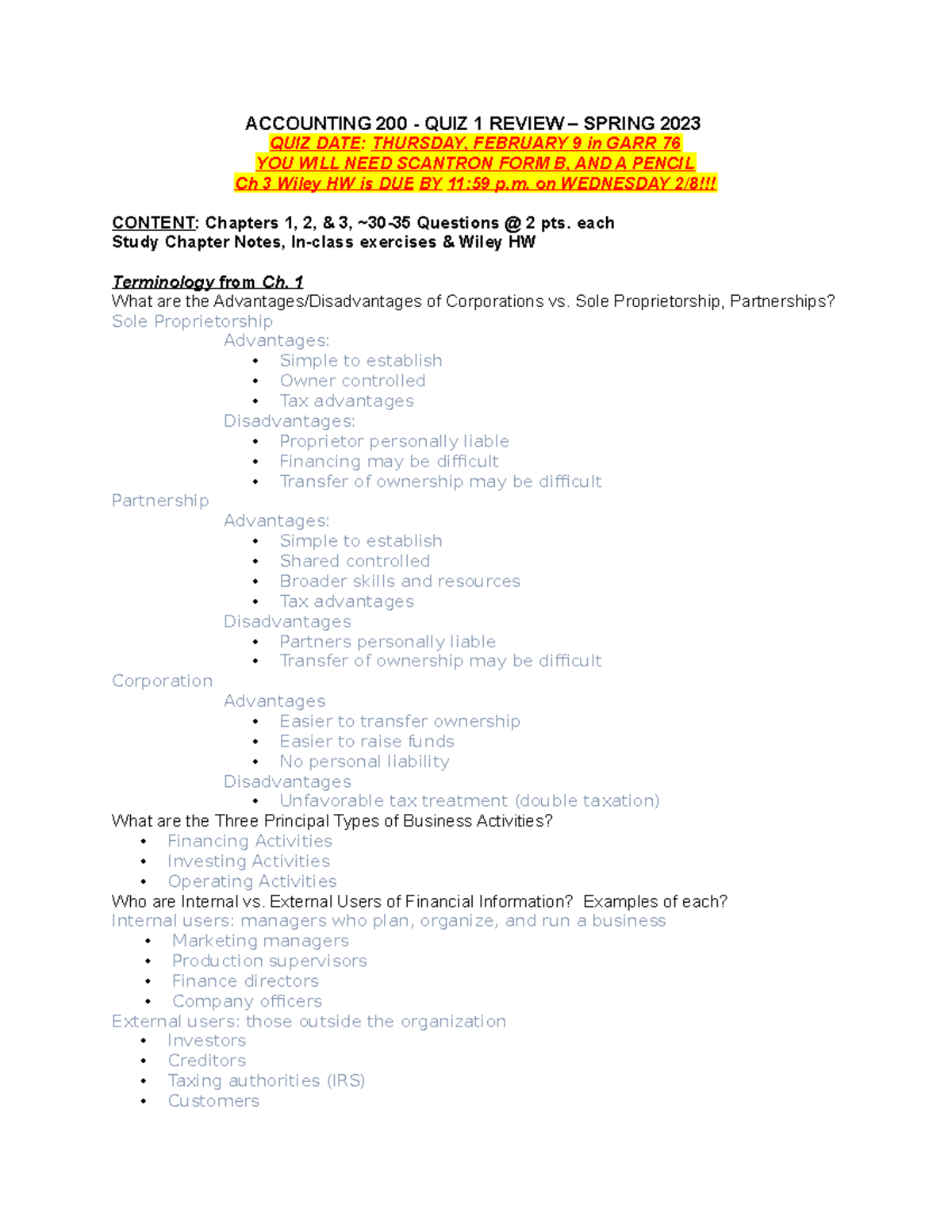 Quiz 1 Review - dr. kris jones - ACCOUNTING 200 - QUIZ 1 REVIEW – SPRING 2023 QUIZ DATE ...