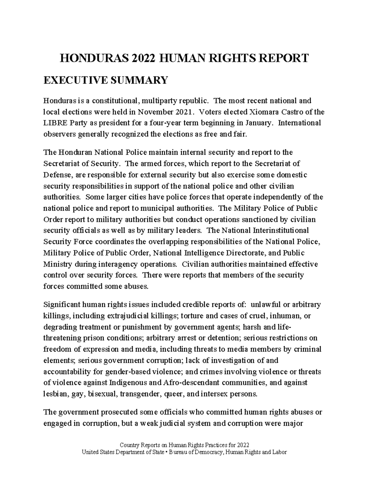 Honduras 2022 Human Rights Report - Country Reports on Human Rights ...