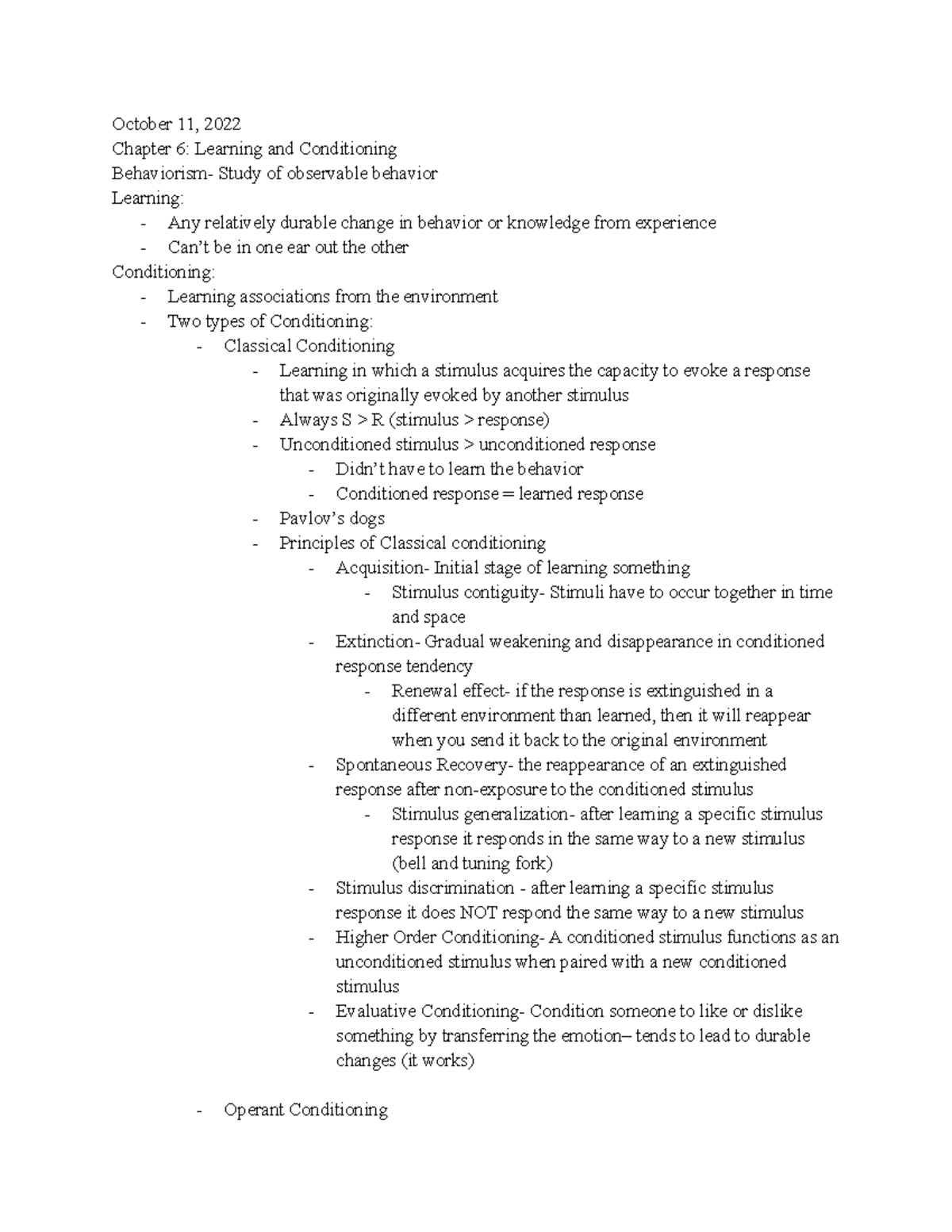 Psych 10 11 - Jo Jorgensen - October 11, 2022 Chapter 6: Learning and Conditioning Behaviorism ...