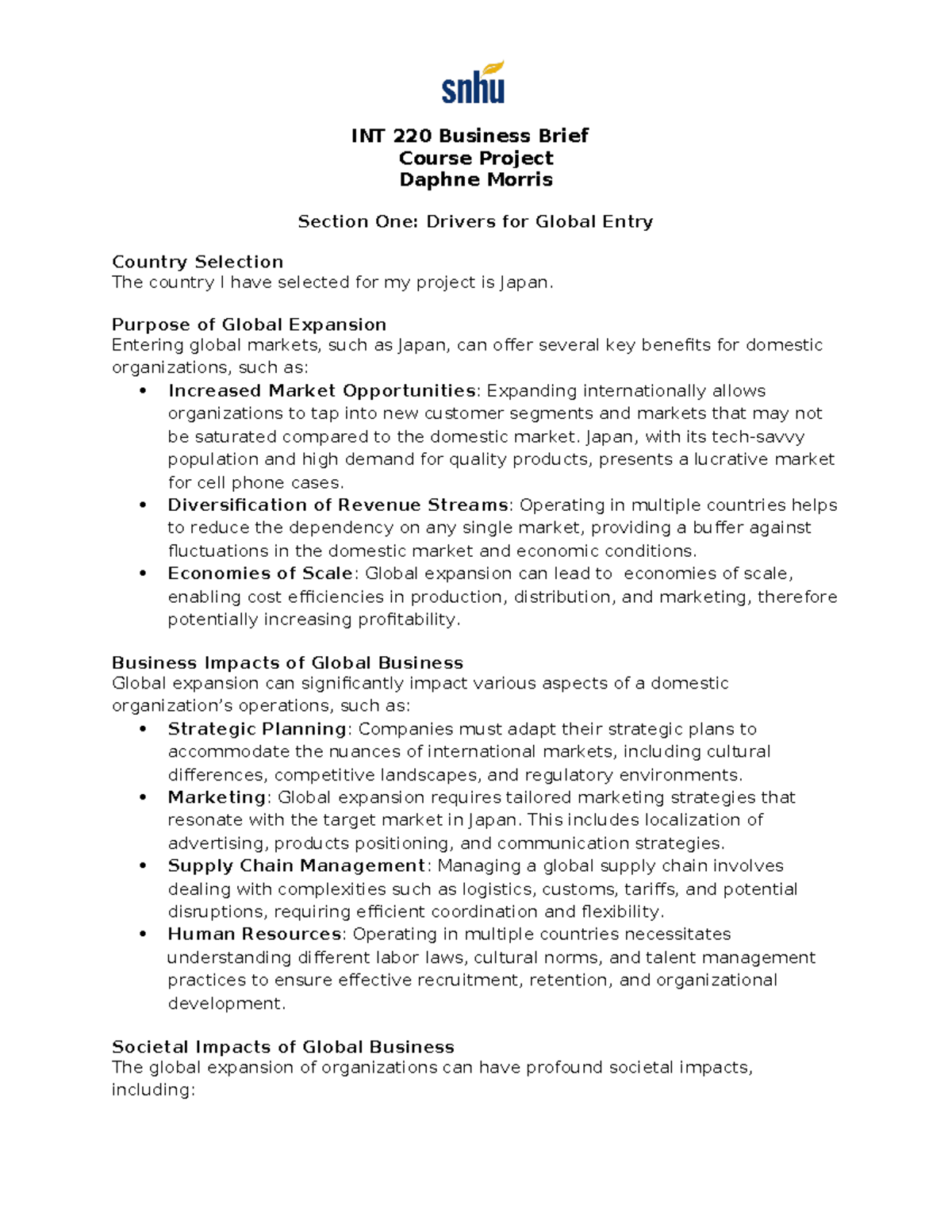 Module 7- Project - Business Brief - INT 220 Business Brief Course ...