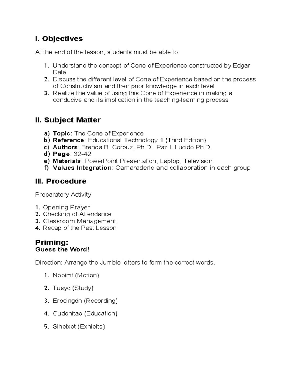 Lp cones - I. Objectives At the end of the lesson, students must be ...