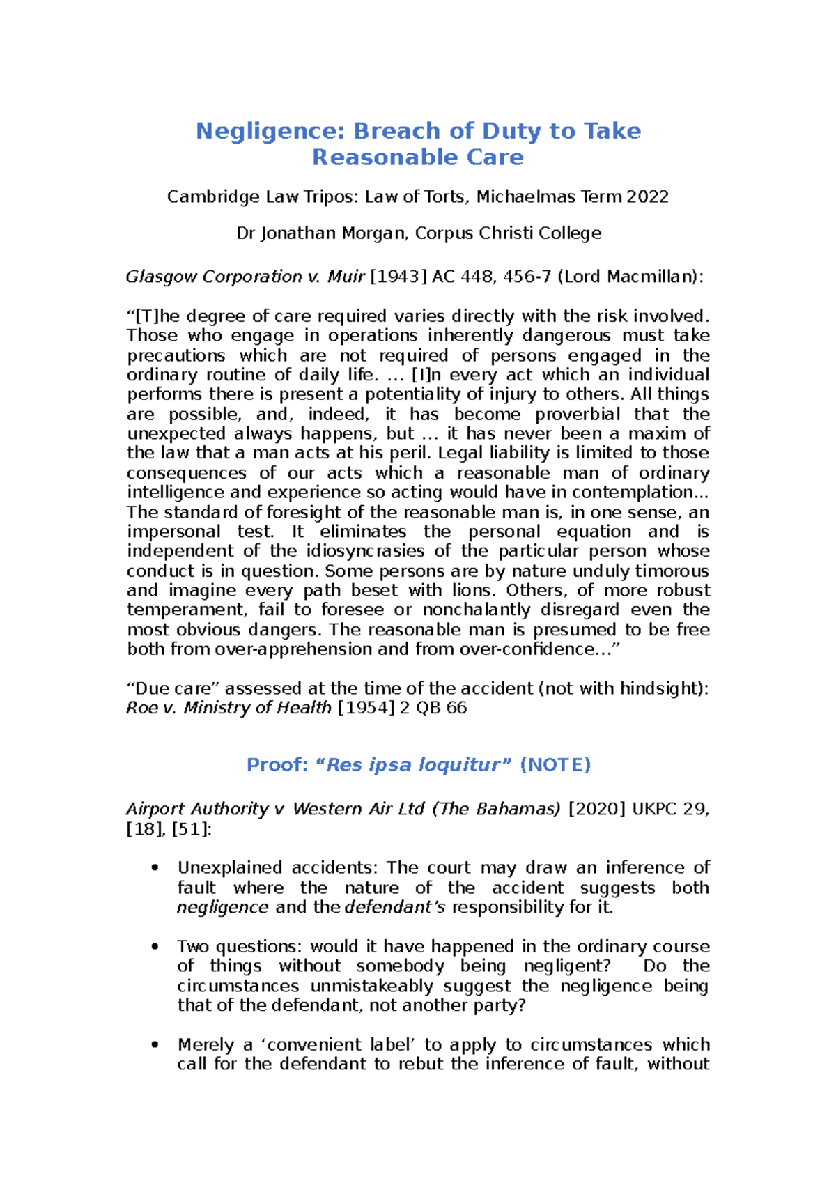 Negligence Breach handout 2022 - Negligence: Breach of Duty to Take ...