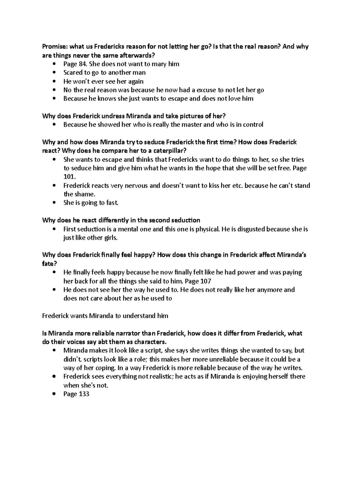 English aantekening - verslag engels boek the collector - Promise: what us Fredericks reason for ...