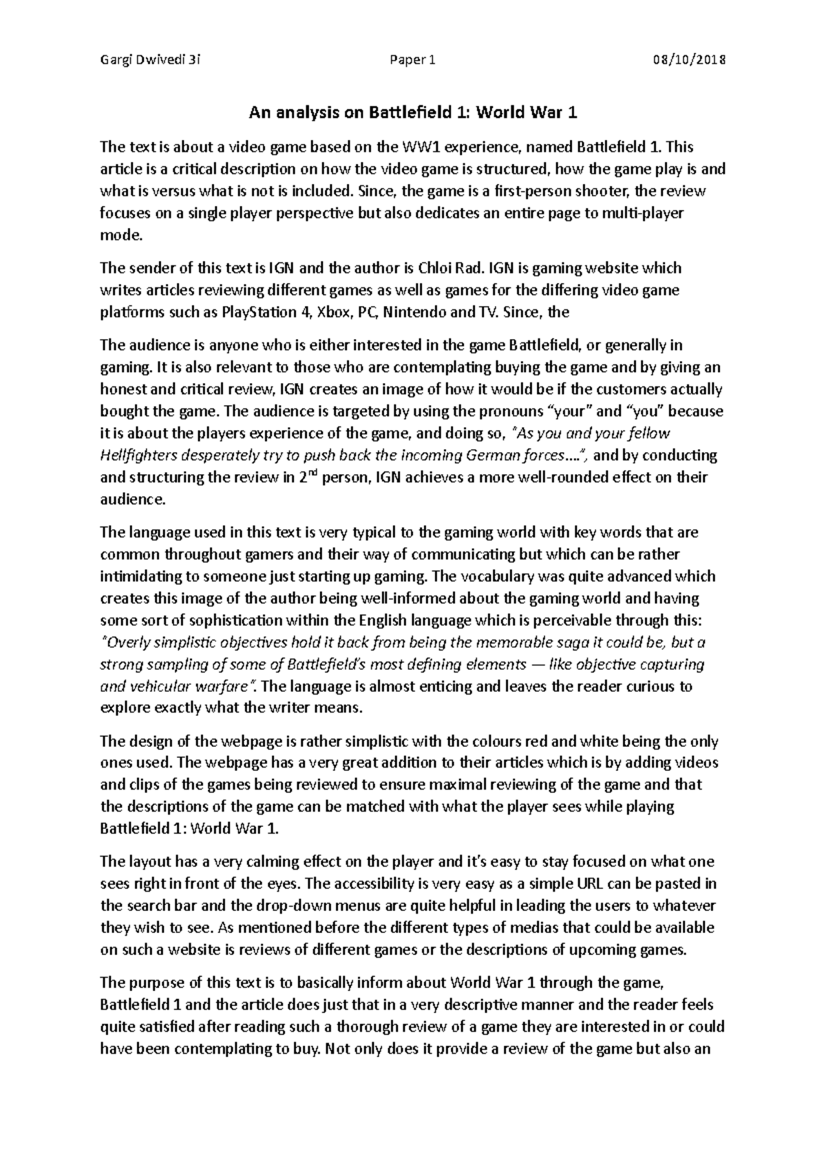 Paper 1 - Battlefield - Gargi Dwivedi 3i Paper 1 08/10/ An analysis on ...