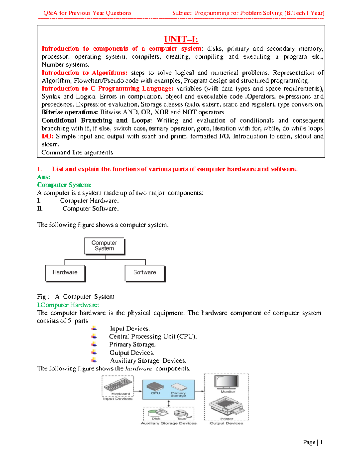 UNIT-I(Q&A) PPS - YES - List and explain the functions of various parts ...