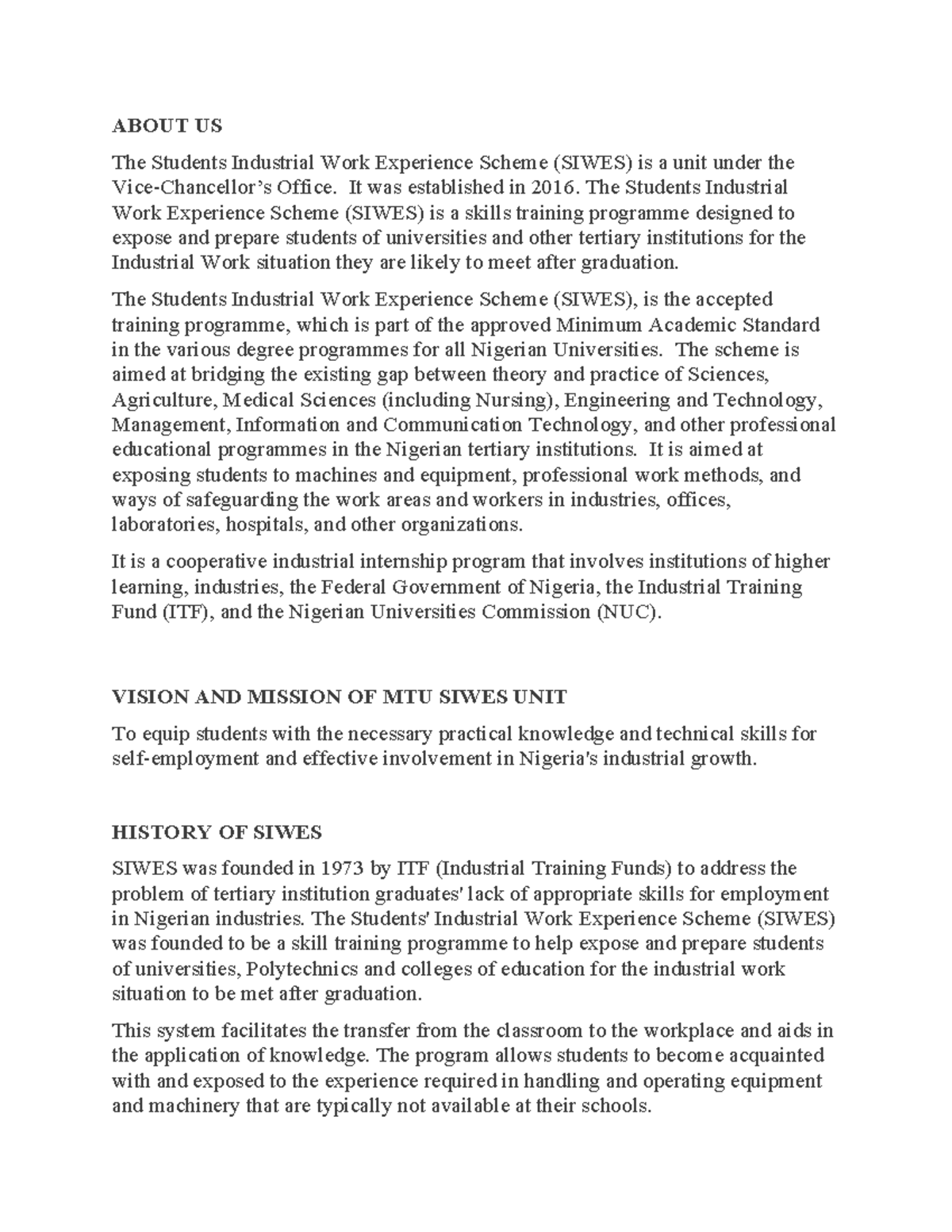 Siwes Report - ABOUT US The Students Industrial Work Experience Scheme ...