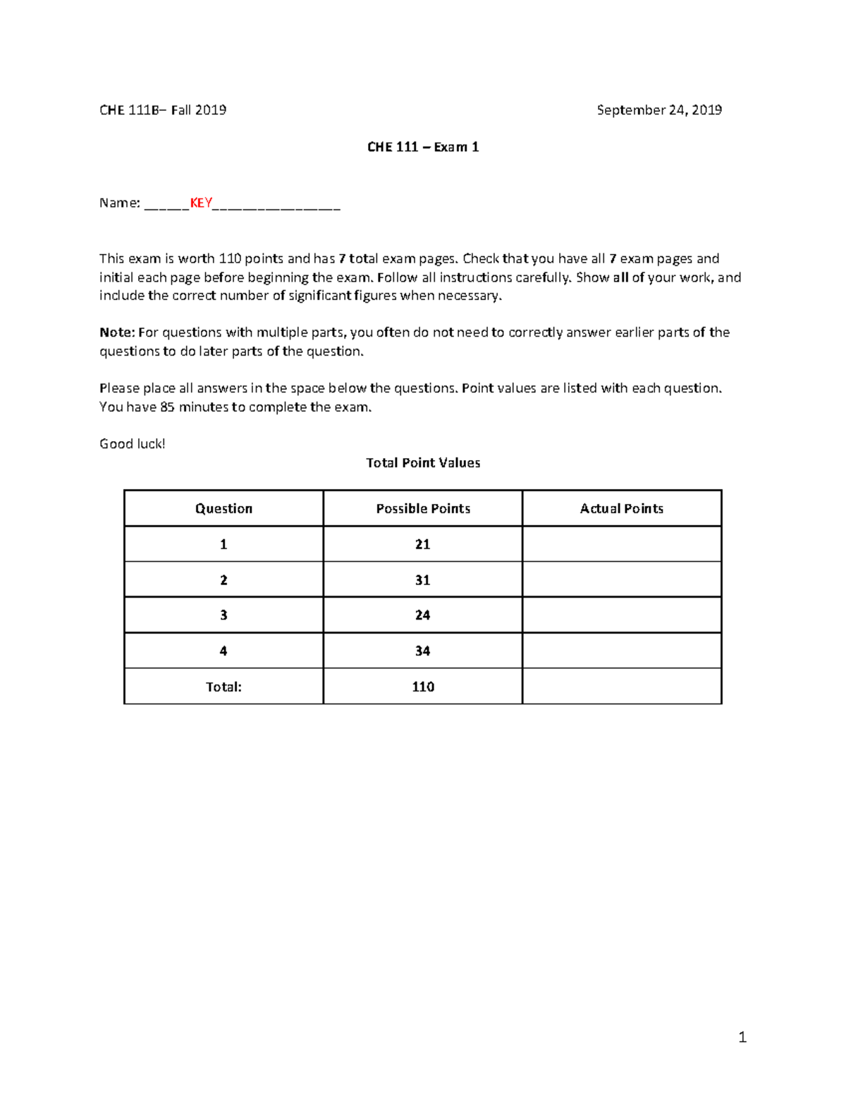 KEY Exam 1 F19B - Rebecca Triano - CHE 1 11B– Fall 2019 September 24 ...