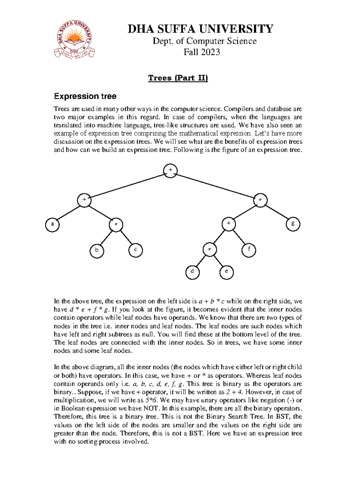 Trees Hanout 2 - DHA SUFFA UNIVERSITY Dept. of Computer Science Fall 2023 Trees (Part II ...