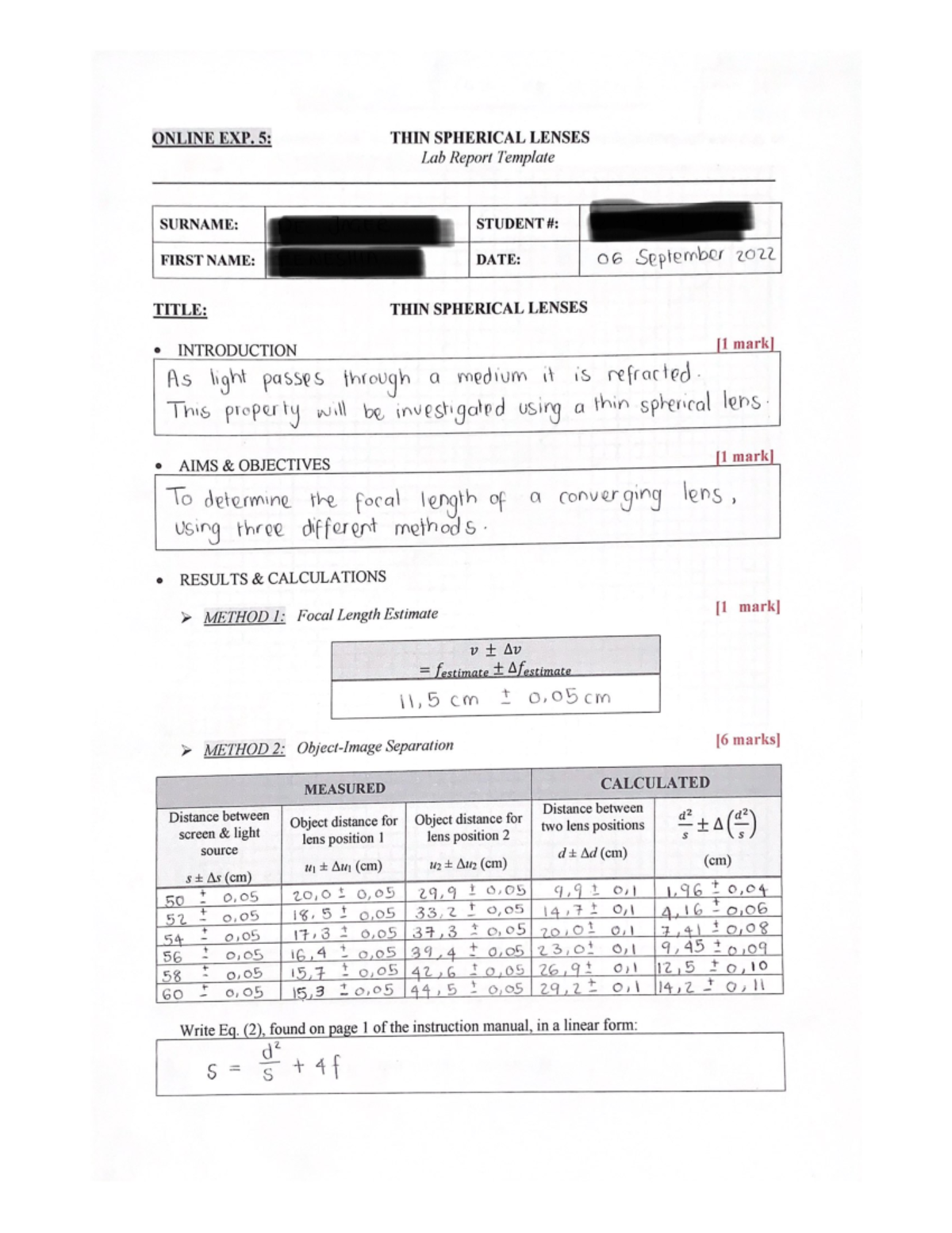 EXP05 - Thin Spherical Lenses Lab write-up. - PHYS1032/1033 - Studocu