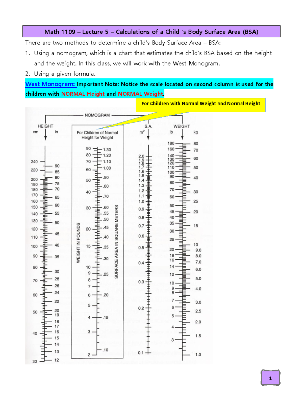 Week 11 Dosage Calculations Lecture 5 Body Surface Area Summer 2021 ...