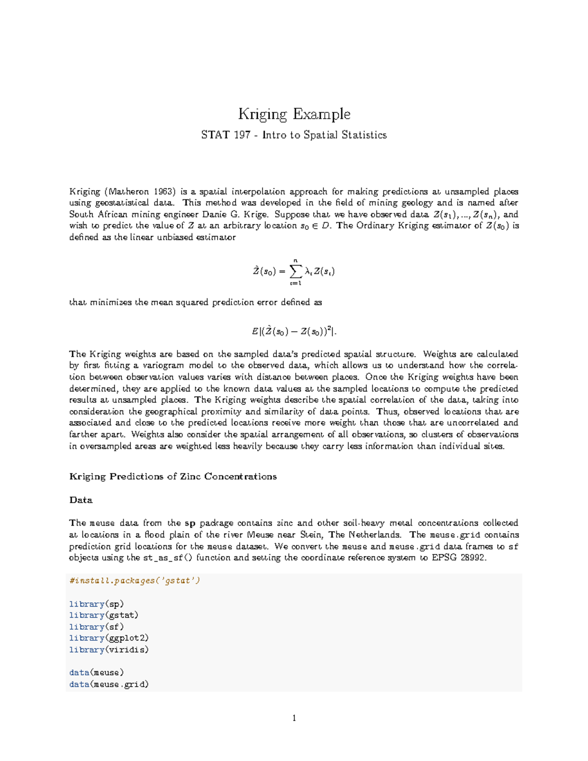 Kriging Example Kriging Example Stat 197 Intro To Spatial Statistics Kriging Matheron 1963