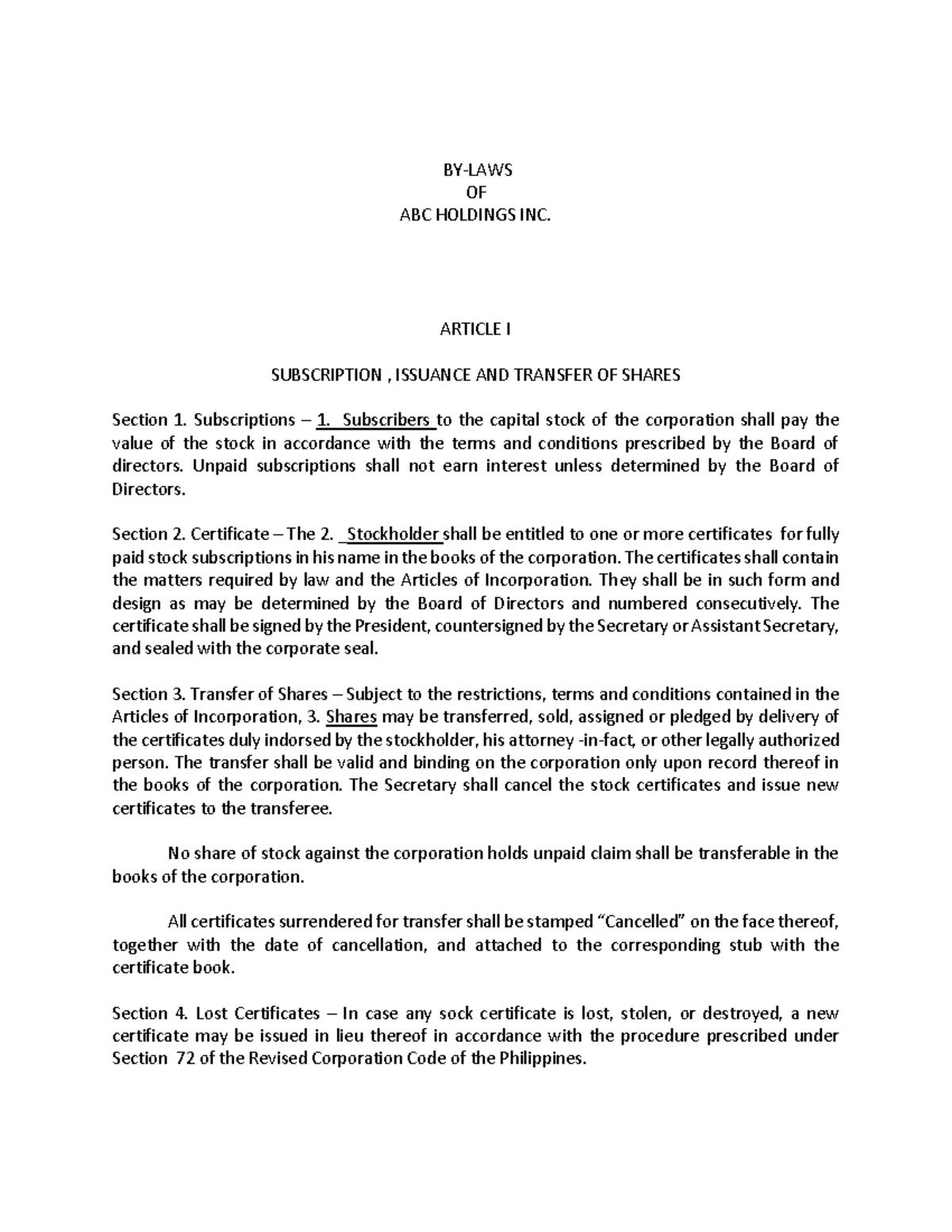 Stock-Bylaws - guide - BY-LAWS OF ABC HOLDINGS INC. ARTICLE I ...