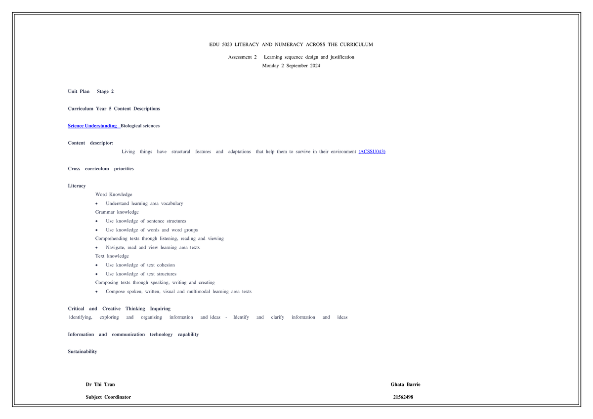 5023 Lesson Unit plan table AT2 - EDU 5023 LITERACY AND NUMERACY ACROSS ...