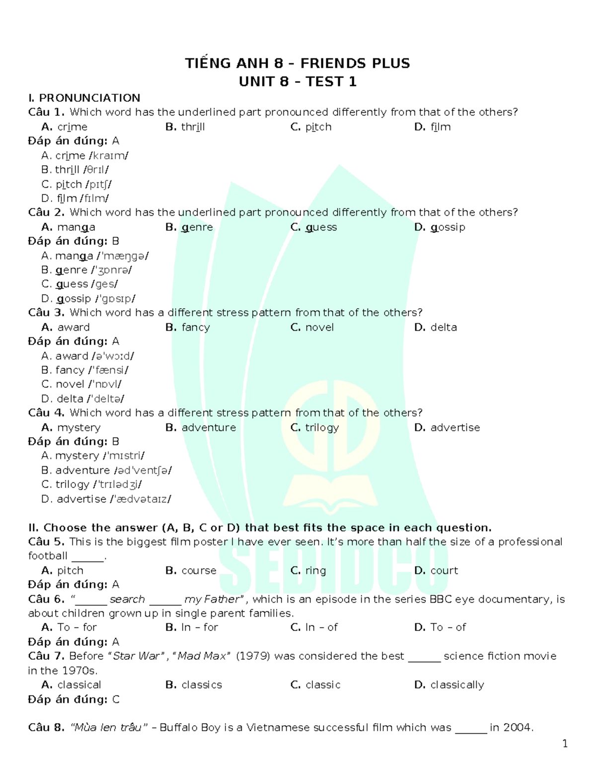 Tieng Anh 8 Friends Plus - Unit 8 - Test 1 (key) - TIẾNG ANH 8 ...