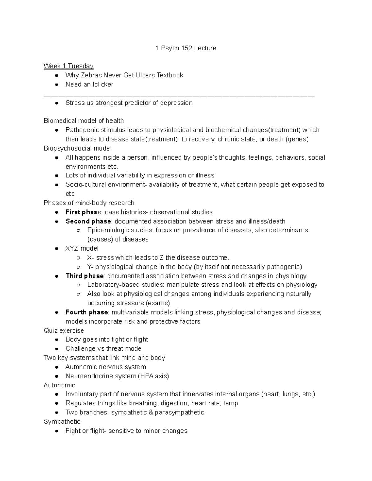 Psych 152 Notes - Professor Bower - 1 Psych 152 Lecture Week 1 Tuesday ...