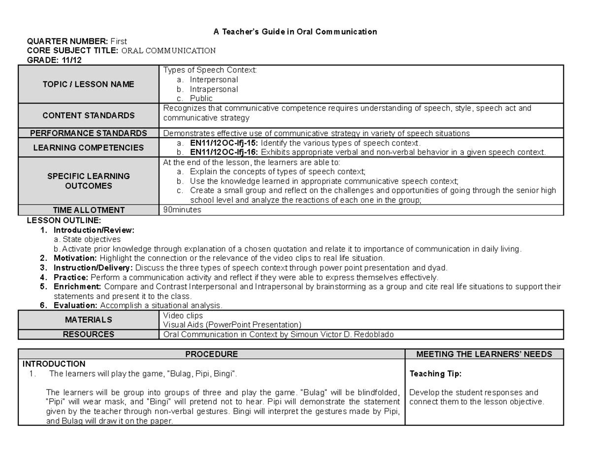 TG OC Group 3 - Teachers Guide - A Teacher’s Guide in Oral ... TG OC Group 3 - Teachers Guide - A Teacher’s Guide in Oral ...