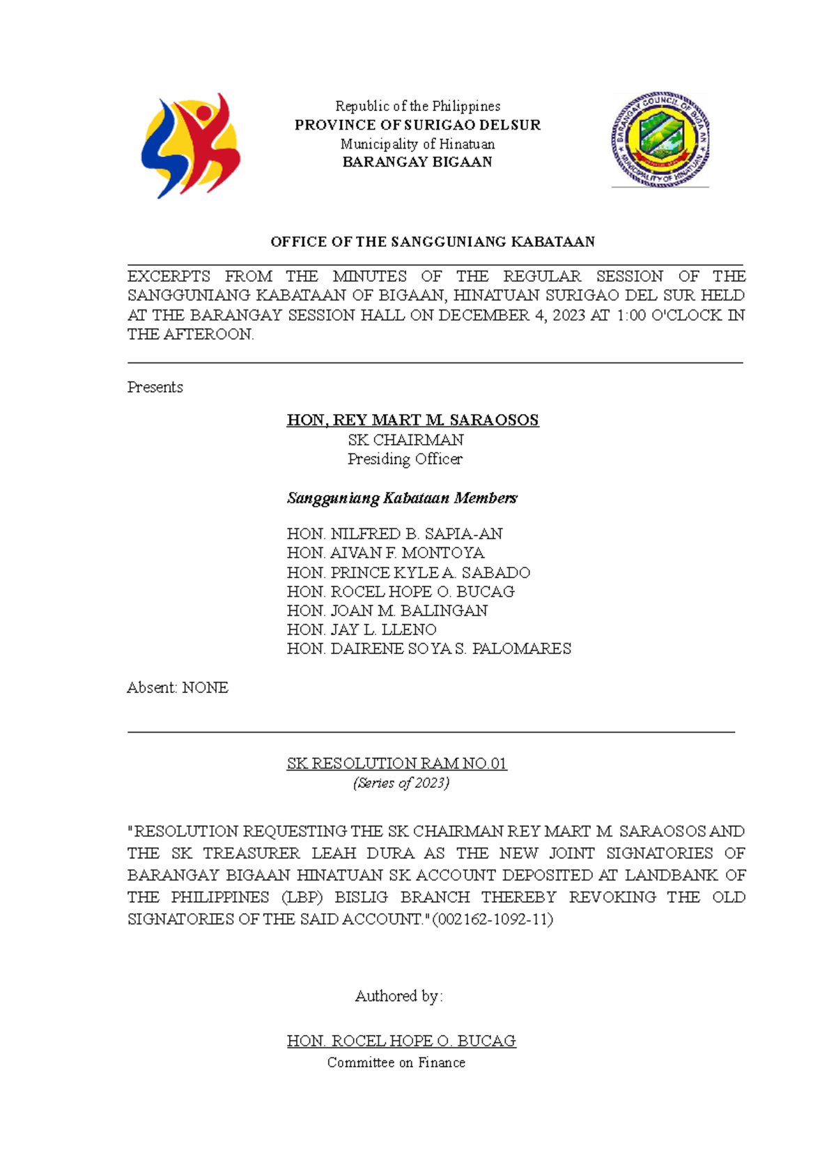 SK Resolution RAM No - Sample - Republic of the Philippines PROVINCE OF SURIGAO DELSUR ...