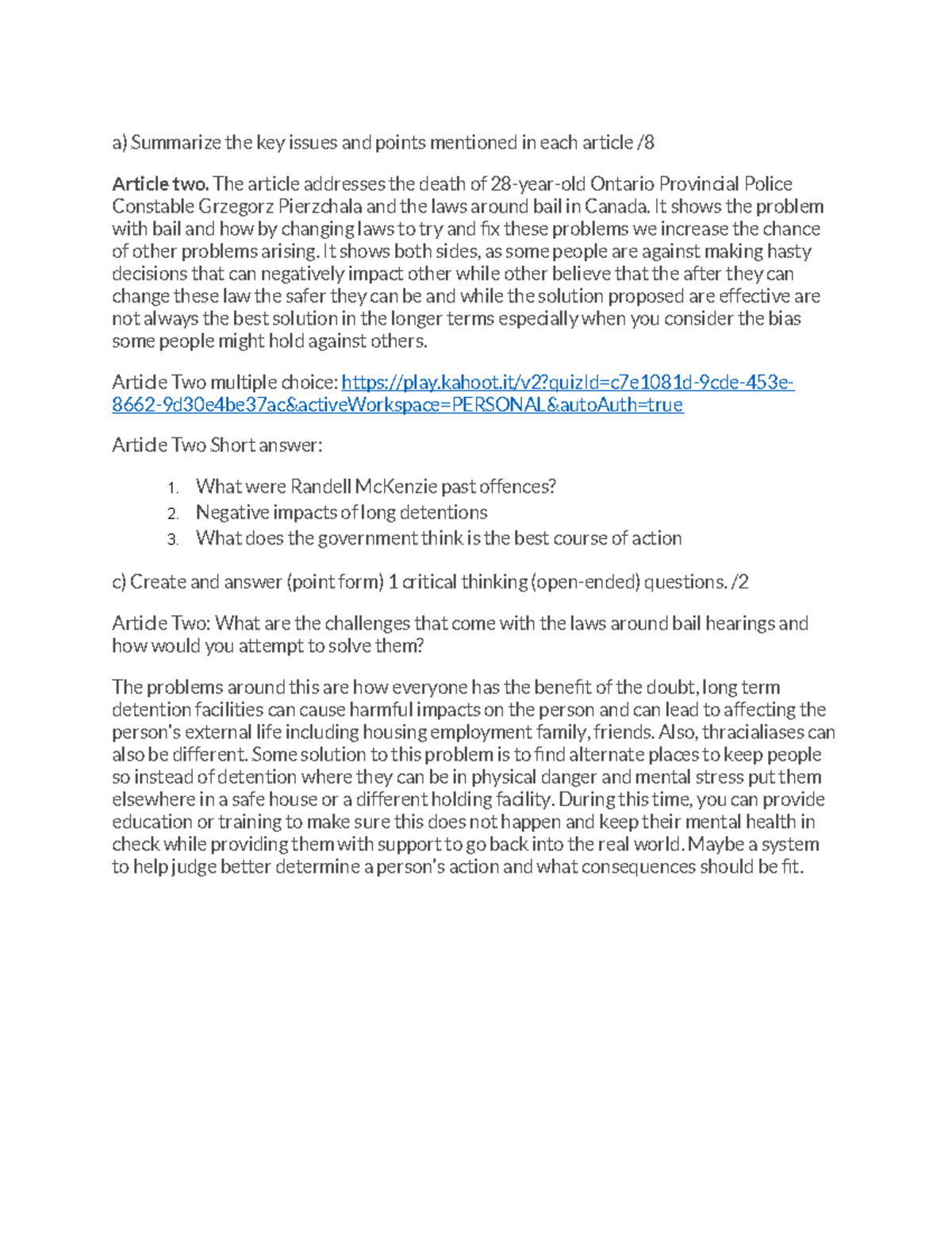 Bail reading and questionsa - a) Summarize the key issues and points ...