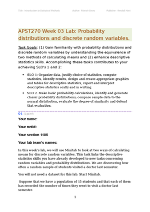 Week 1 Lab Report - APST 270, Introductory Lab (Week 01) Task goals: Form lab teams; familiarize ...