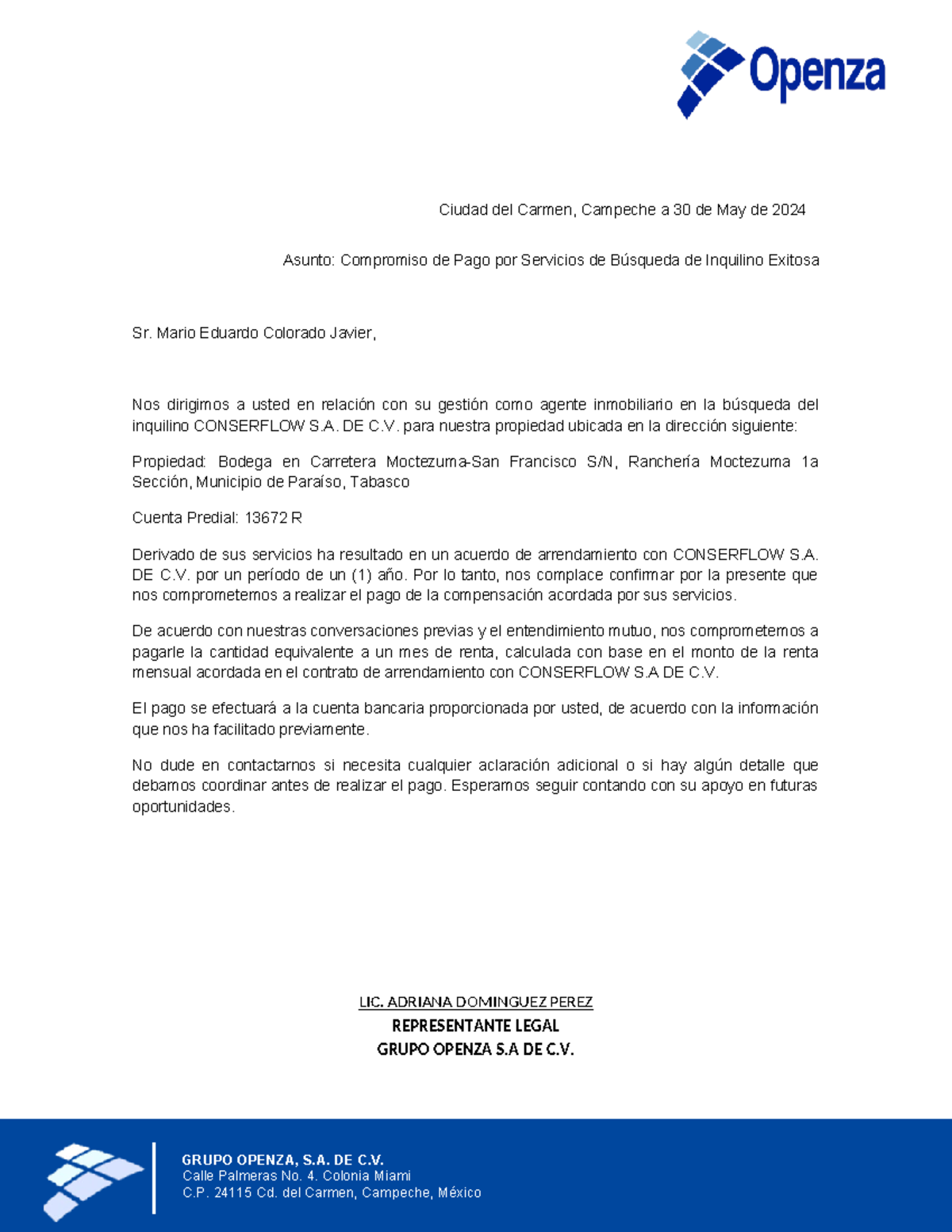 Carta Compromiso PAGO DE Comiciones - GRUPO OPENZA, S. DE C. Calle ...