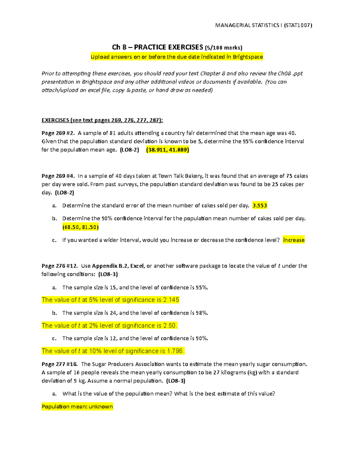 Ch 8 - Practice Exercises - MANAGERIAL STATISTICS I (STAT1007) Ch 8 ...