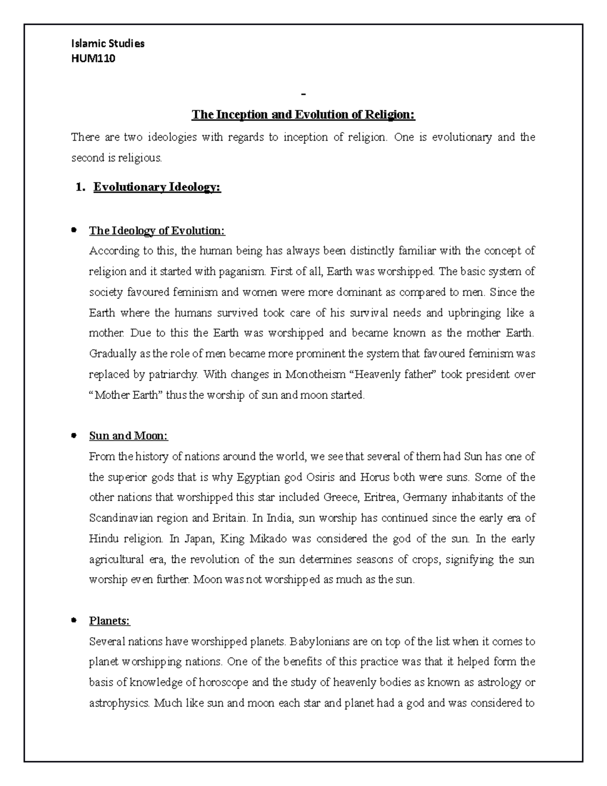 Islamic Assignment - HUM The Inception and Evolution of Religion: There ...