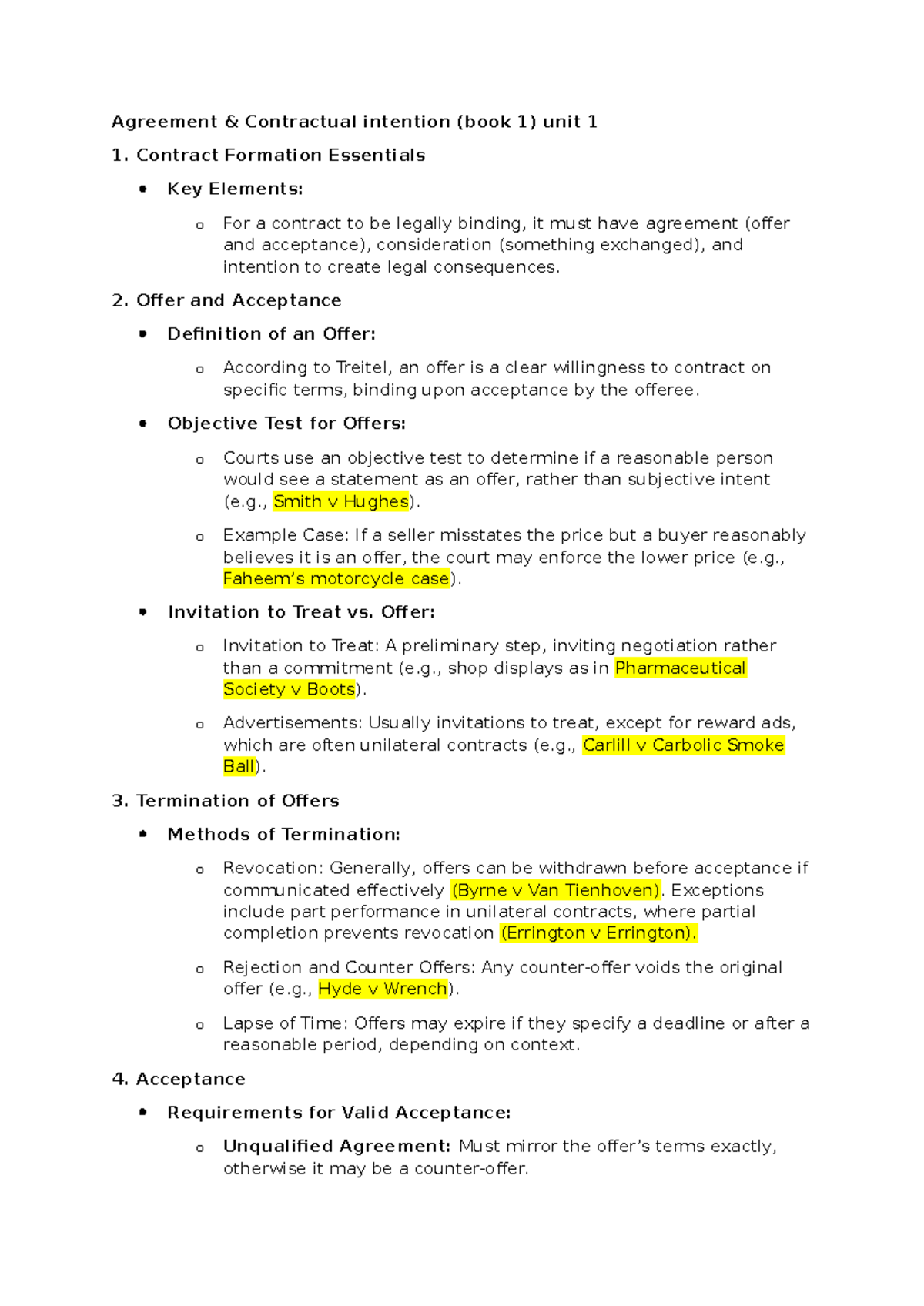 Contract Note - Agreement & Contractual intention (book 1) unit 1 1 ...