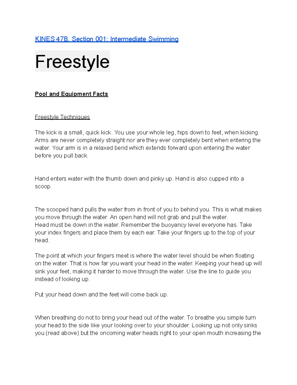 Kines 47B, Section 001 Intermediate Swimming Freestyle- lecture notes ...