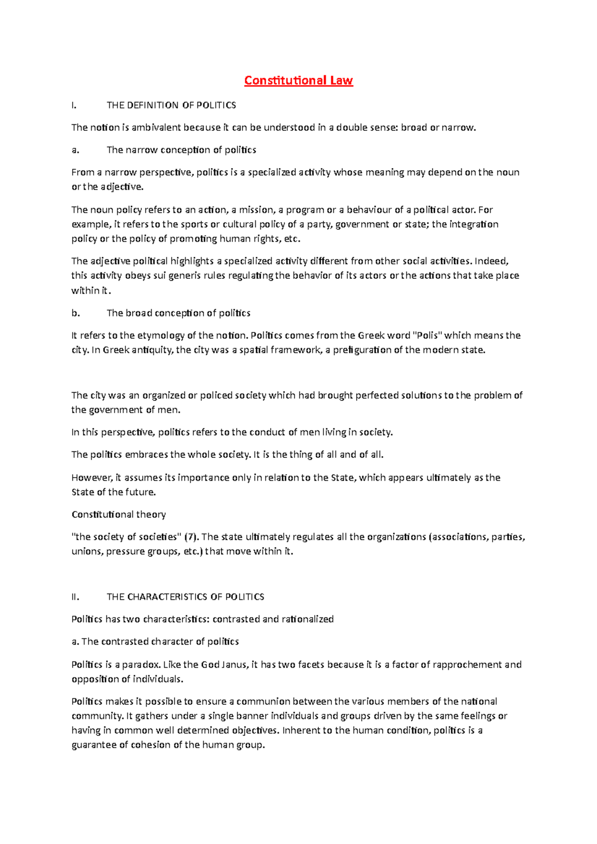 Constitutional Law 6 Cons琀椀tu琀椀onal Law I The Definition Of Politics The No琀椀on Is Ambivalent