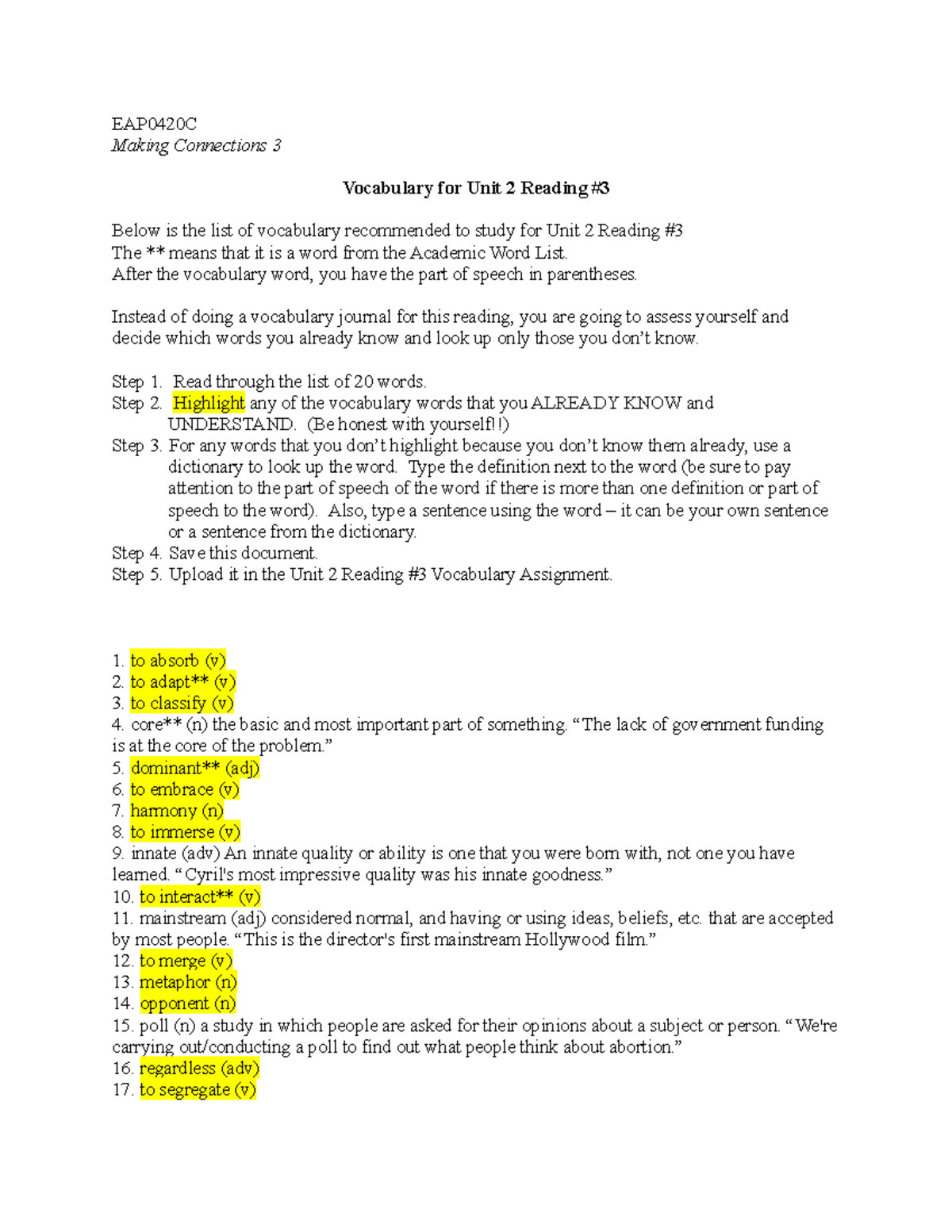 Unit 2 Reading #3 Vocabulary Homework - EAP0420C Making Connections 3 Vocabulary for Unit 2 ...