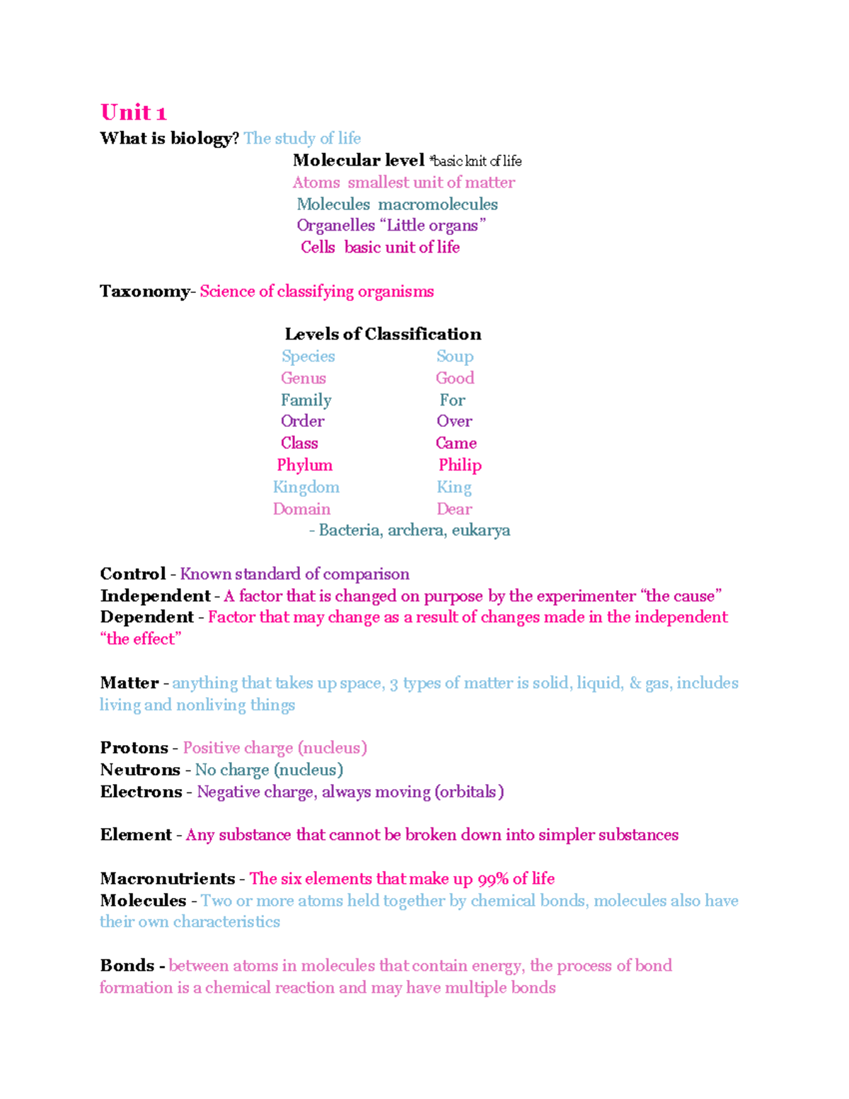 Unit 1 Biology Notes - Unit 1 What is biology ?The study of life ...