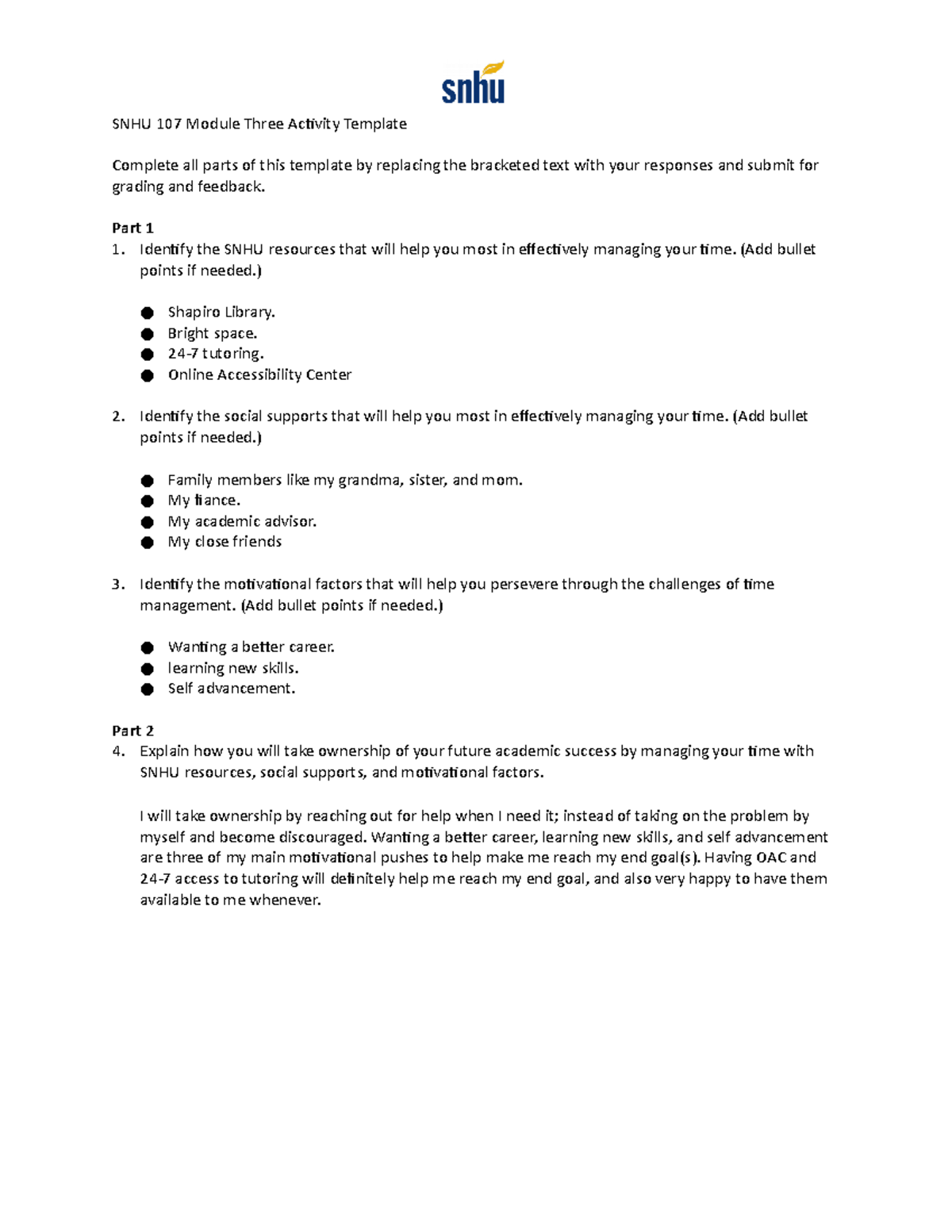 Module Three Activity - Part 1 Identify the SNHU resources that will ...