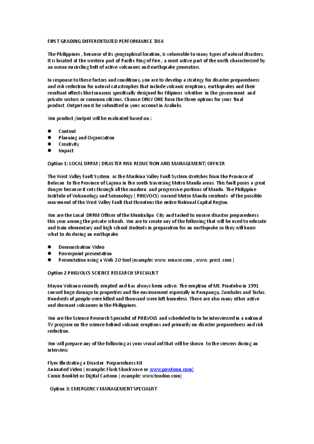 First Grading Differentiated Performance TASK - FIRST GRADING ...