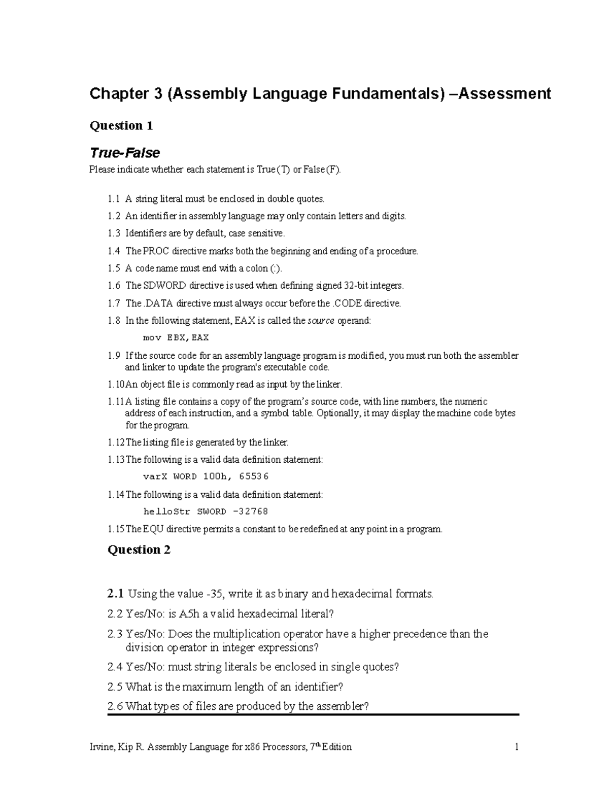 Assessment Activity 1 Due date 26 - 07 - 2024 - Chapter 3 (Assembly ...