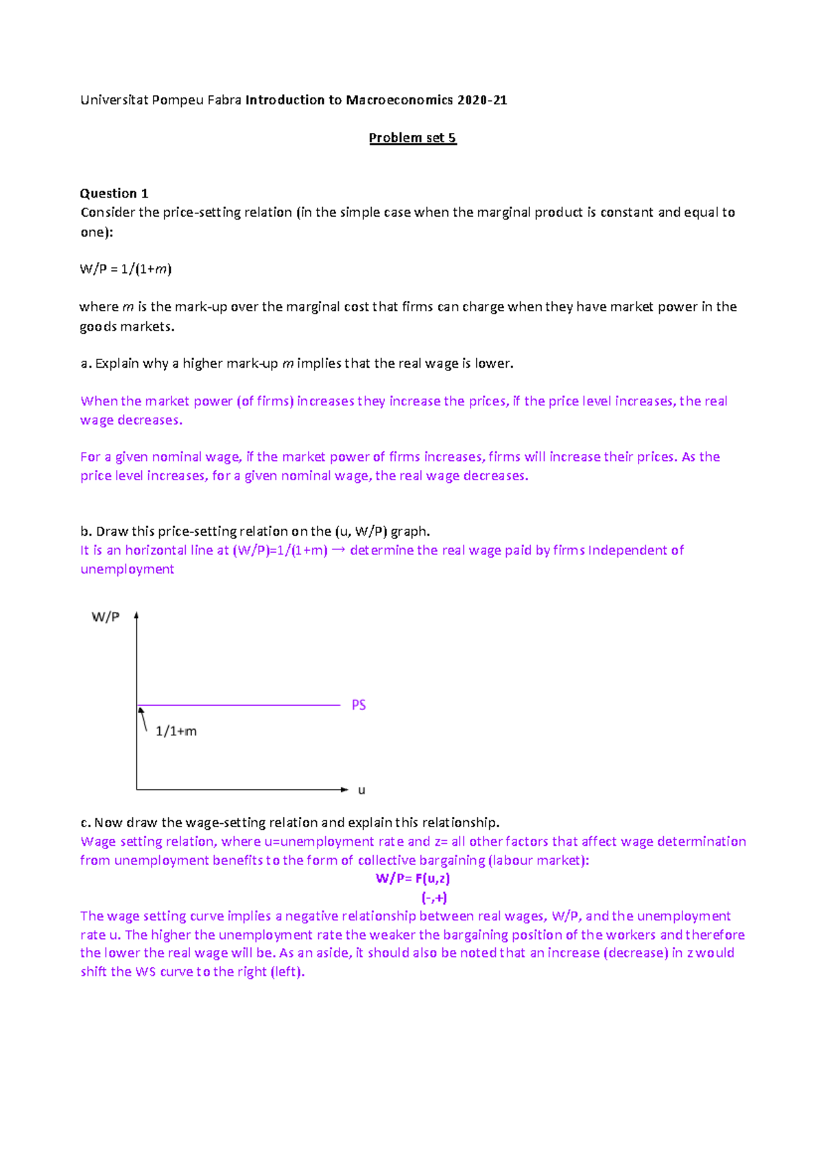 PS5 2021 - Universitat Pompeu Fabra Introduction to Macroeconomics 2020- Problem set 5 Question ...