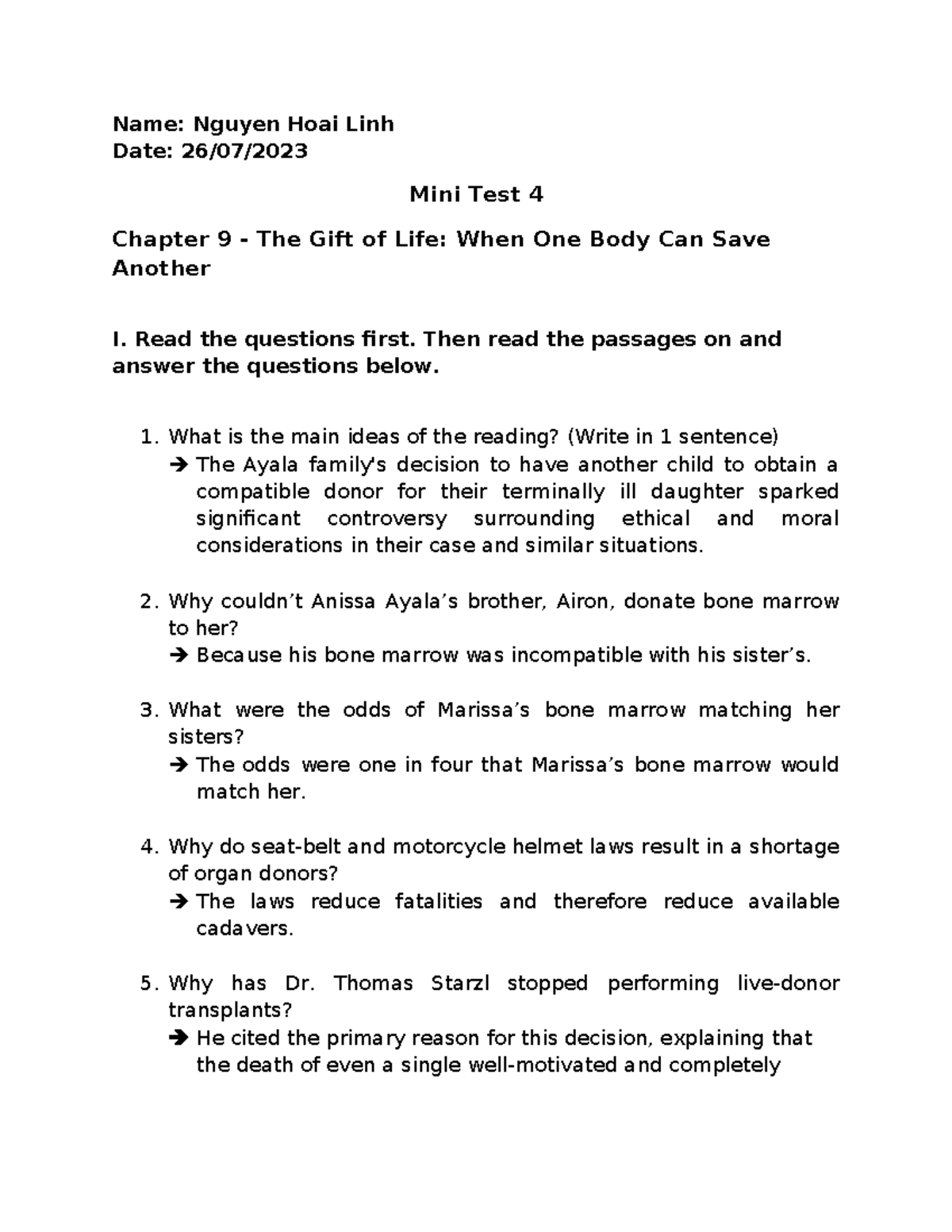 Mini Test 4-Chapter 9 - Name: Nguyen Hoai Linh Date: 26/07/ Mini Test 4 ...