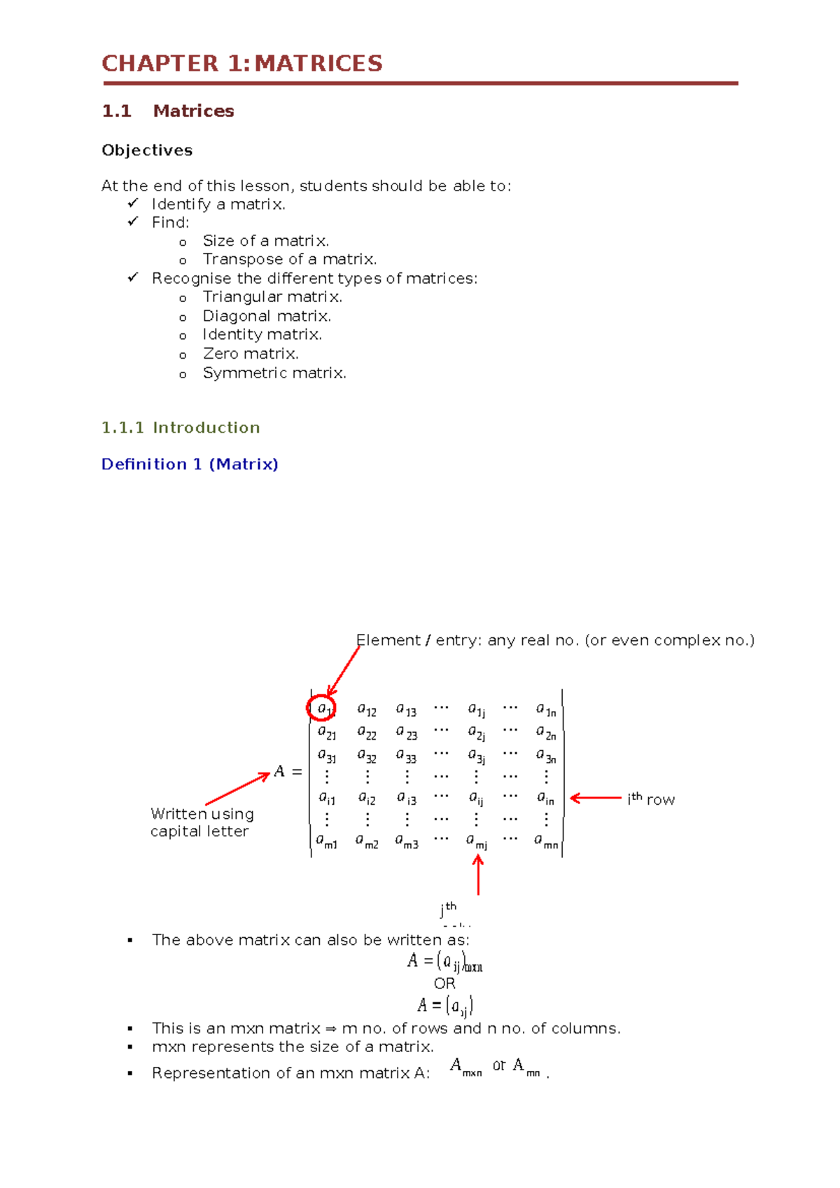 Chap 1 1.1 Matrices Stdn Copy - 1 Matrices Objectives At the end of ...