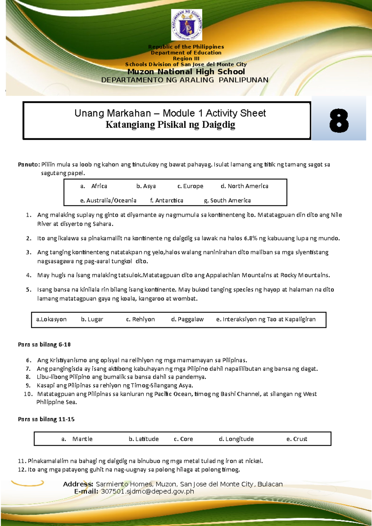 Activity Sheet AP 8 Module 1 1 - Republic of the Philippines Department ...