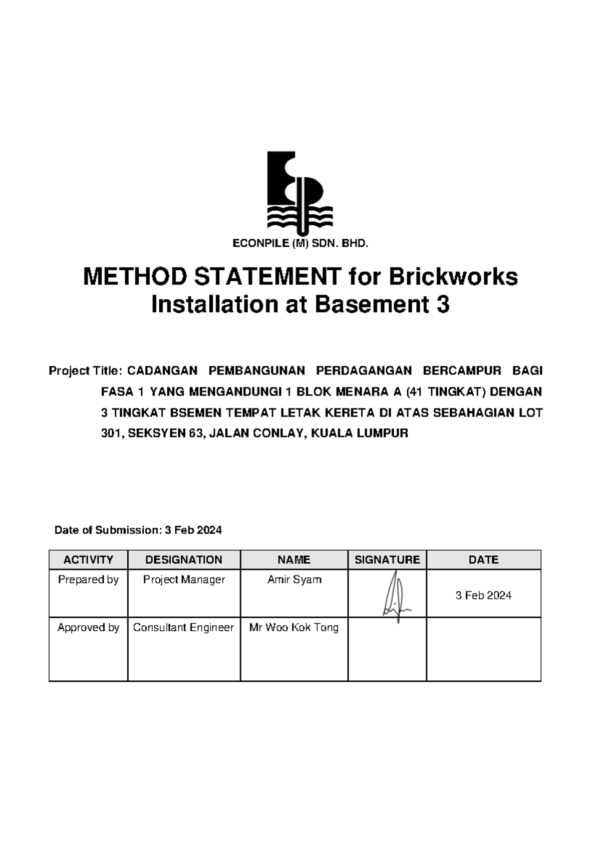Method Statement for Brickworks Installation at Basement 3 - ECONPILE ...