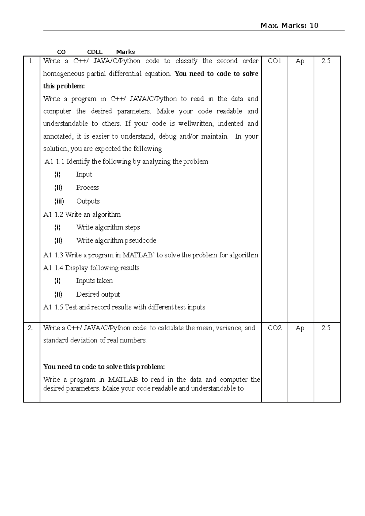 Assignment 1 Hxhxjxj Max Marks 10 CO CDLL Marks Write A C JAVA