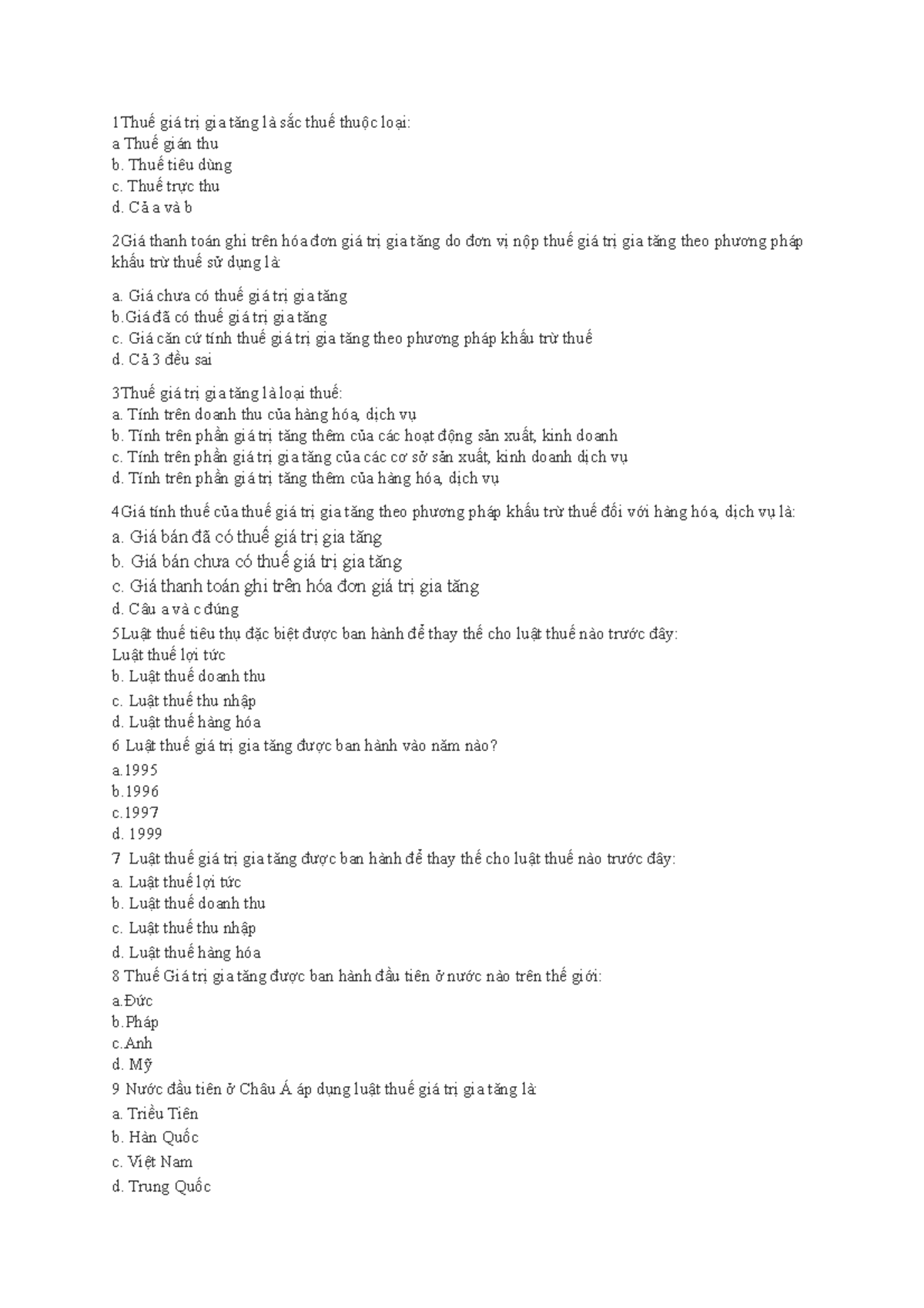 GTGT - Copy - JGJGJ - 1Thuế giá trị gia tăng là sắc thuế thuộc loại: a Thuế gián thu b. Thuế ...