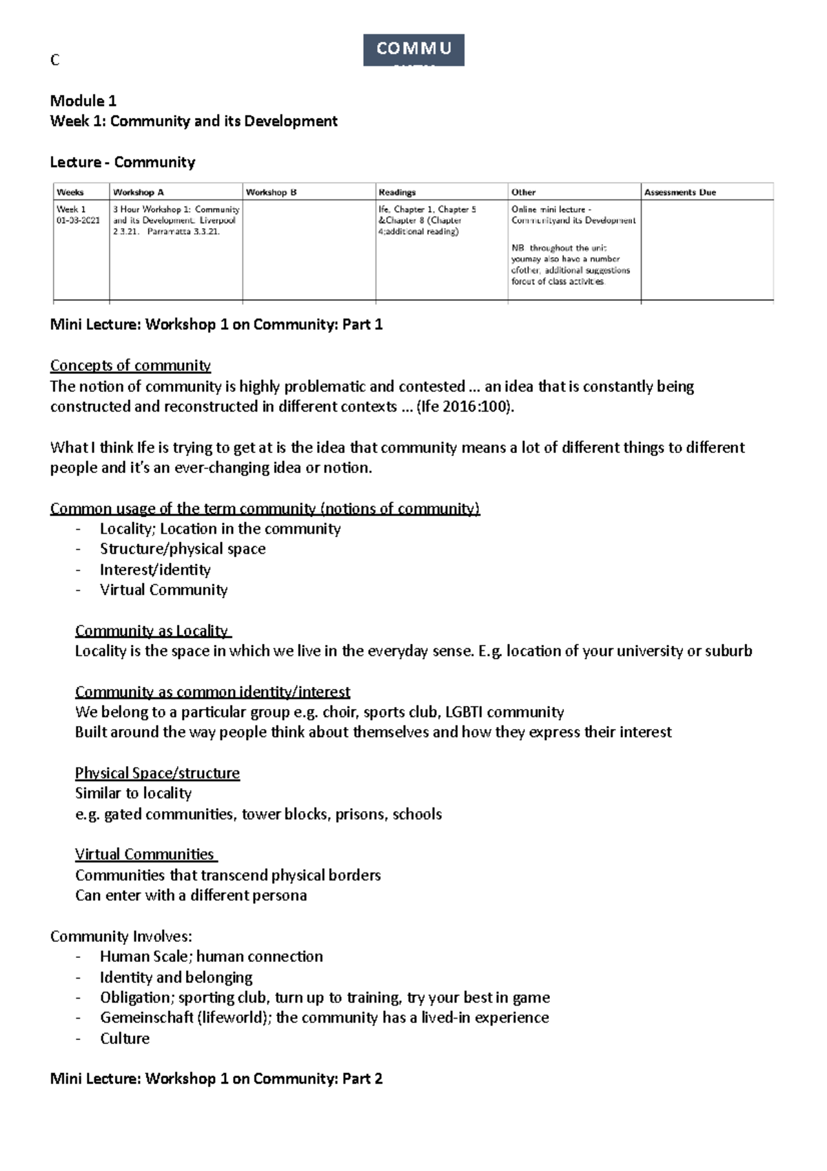 CWD Notes - community work and development - C Module 1 Week 1 ...