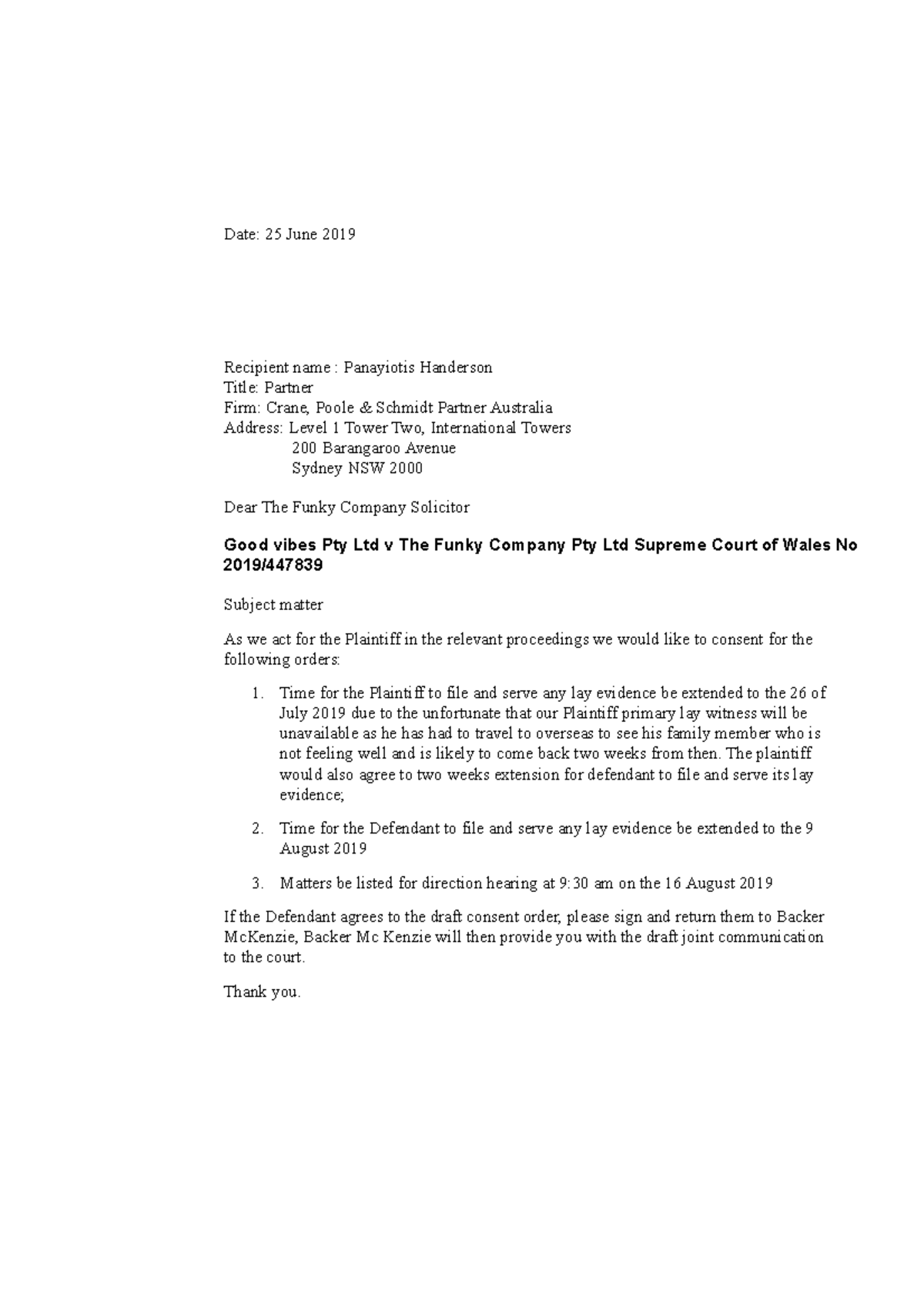 Draft Consent Order - Date: 25 June 2019 Recipient name : Panayiotis ...