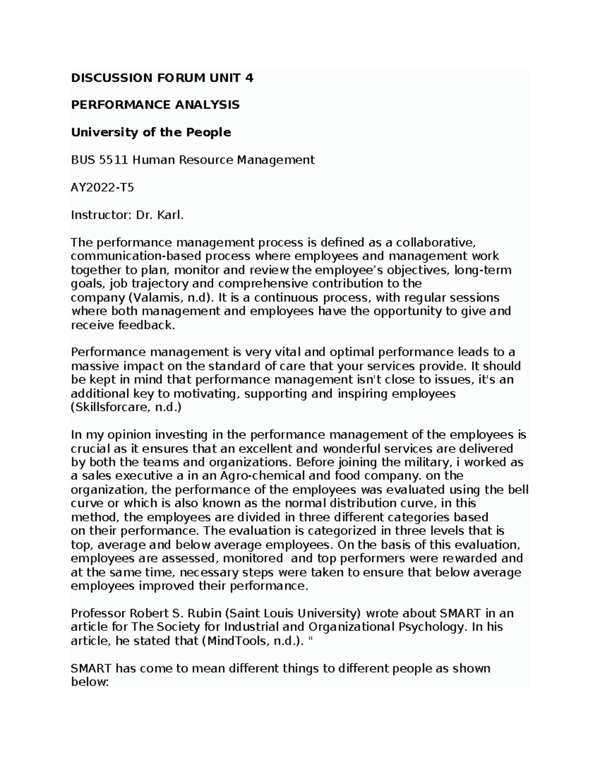 BUS 5115 Discussion Assignment 04-10 - Copy - DISCUSSION FORUM UNIT 4 PERFORMANCE ANALYSIS - Studocu