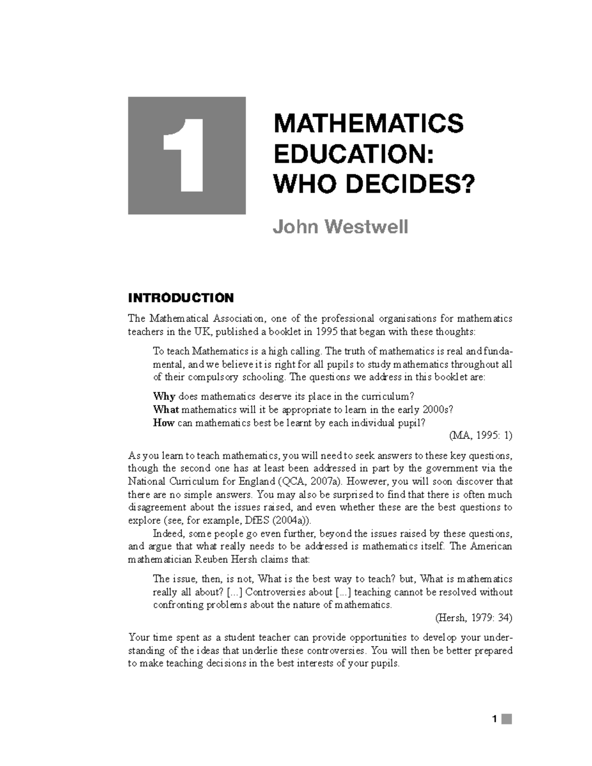 Topic 1 Mathematics Education Who Decides - INTRODUCTION The Mathematical Association, one of ...