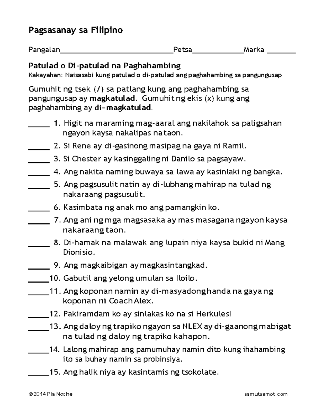 MATATAG CURRICULUM - Pagsasanay sa Filipino Pangalan Petsa Marka © 2014 ...