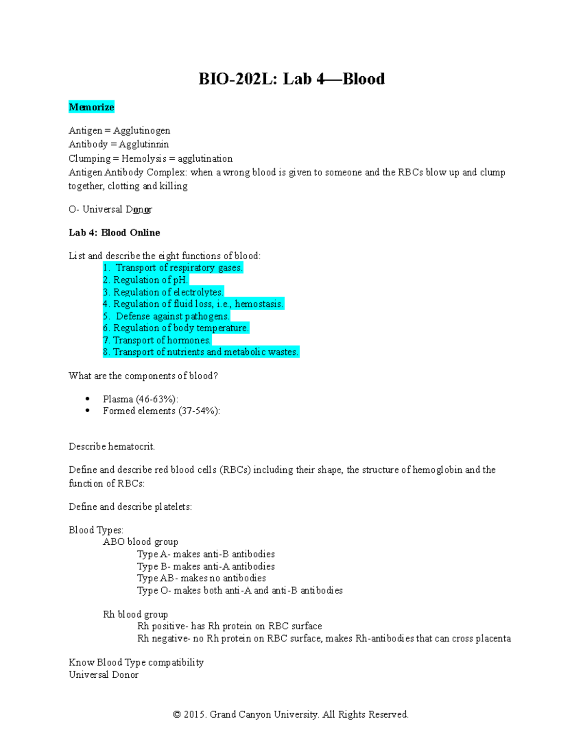Lab 4 Blood Notes - Victoria Karrup - BIO-202L: Lab 4—Blood Memorize ...
