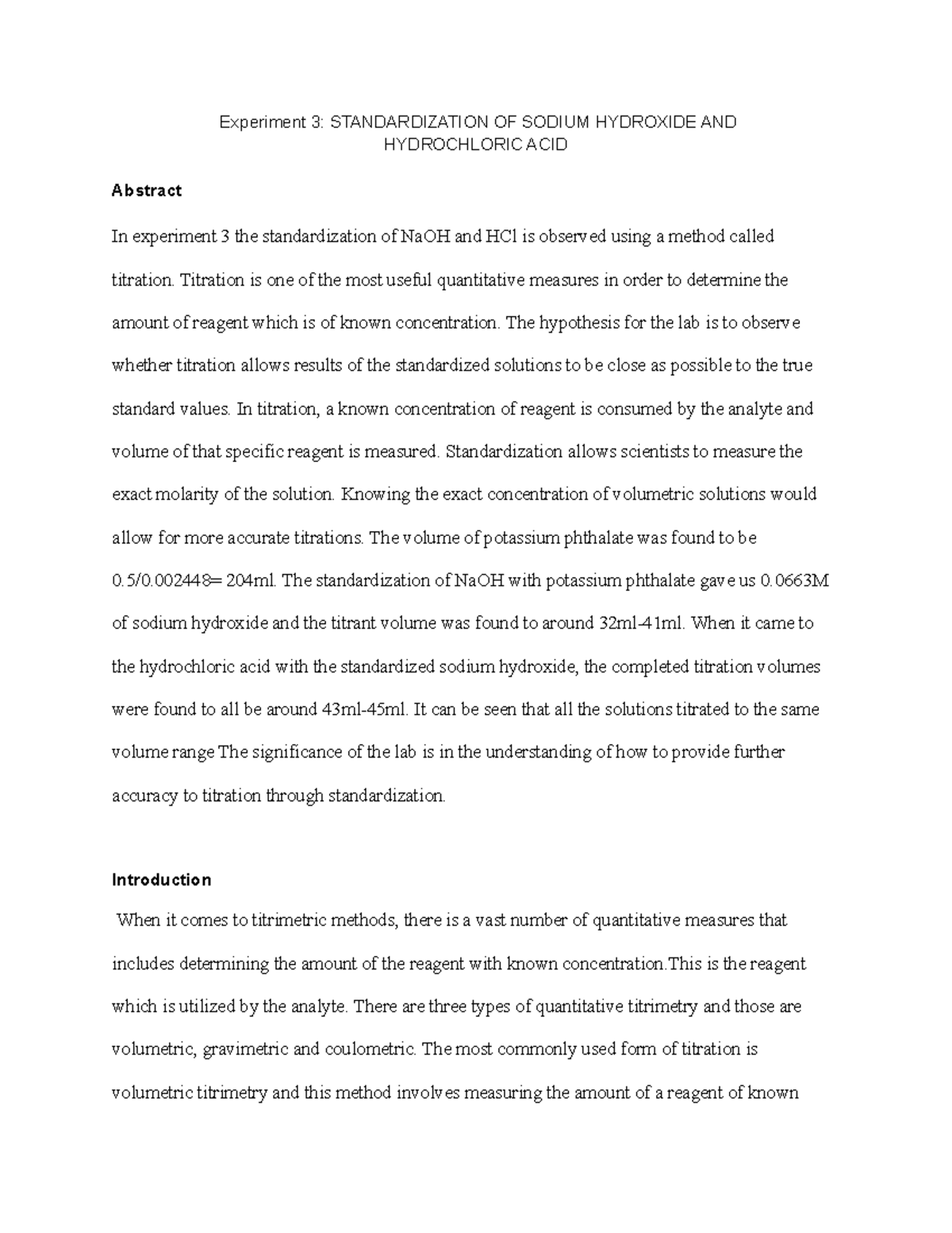 Experiment 3 Standardization OF Sodium Hydroxide - Experiment 3 ...