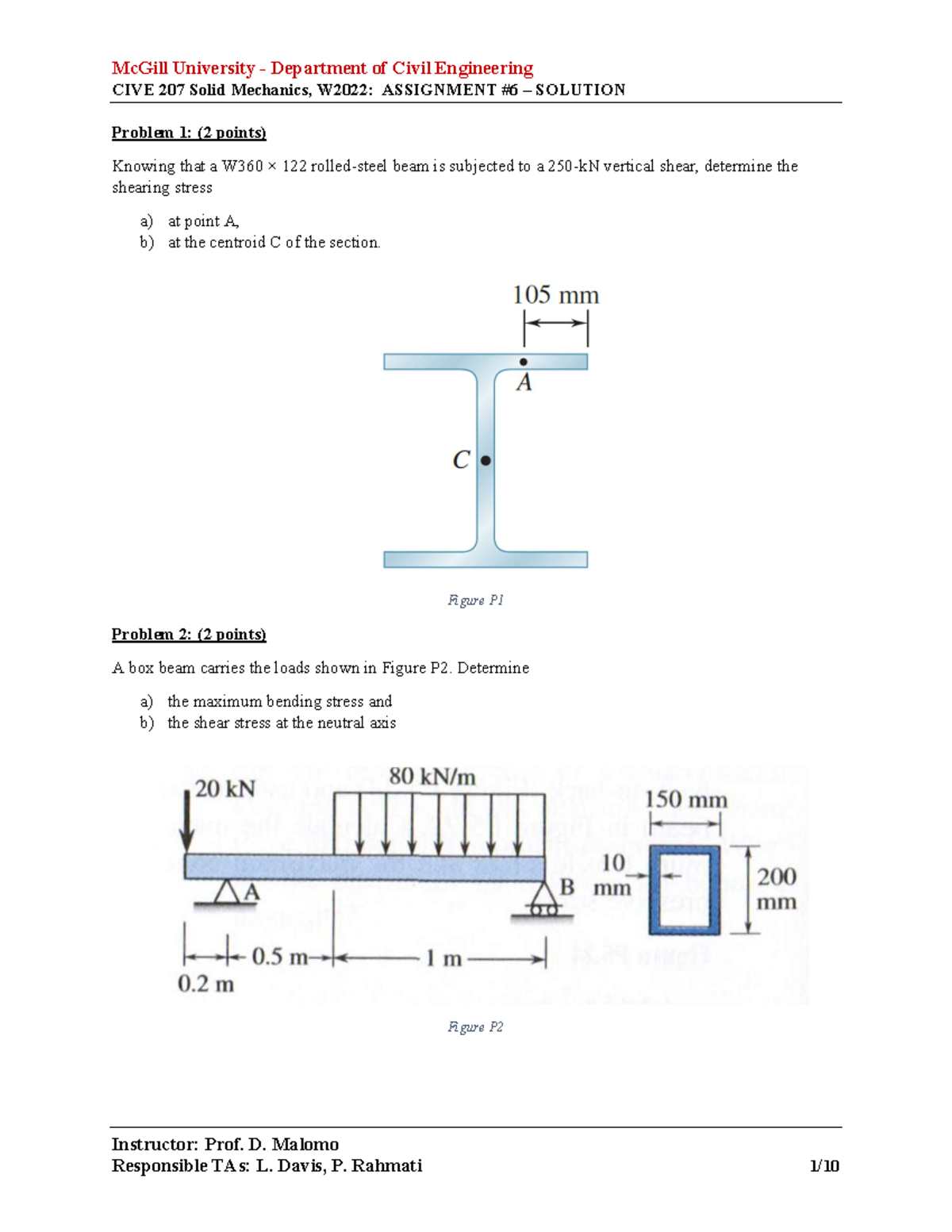 Assignment 6 Solution CIVE207 W22 - CIVE 207 Solid Mechanics, W2022: ASSIGNMENT #6 – SOLUTION ...